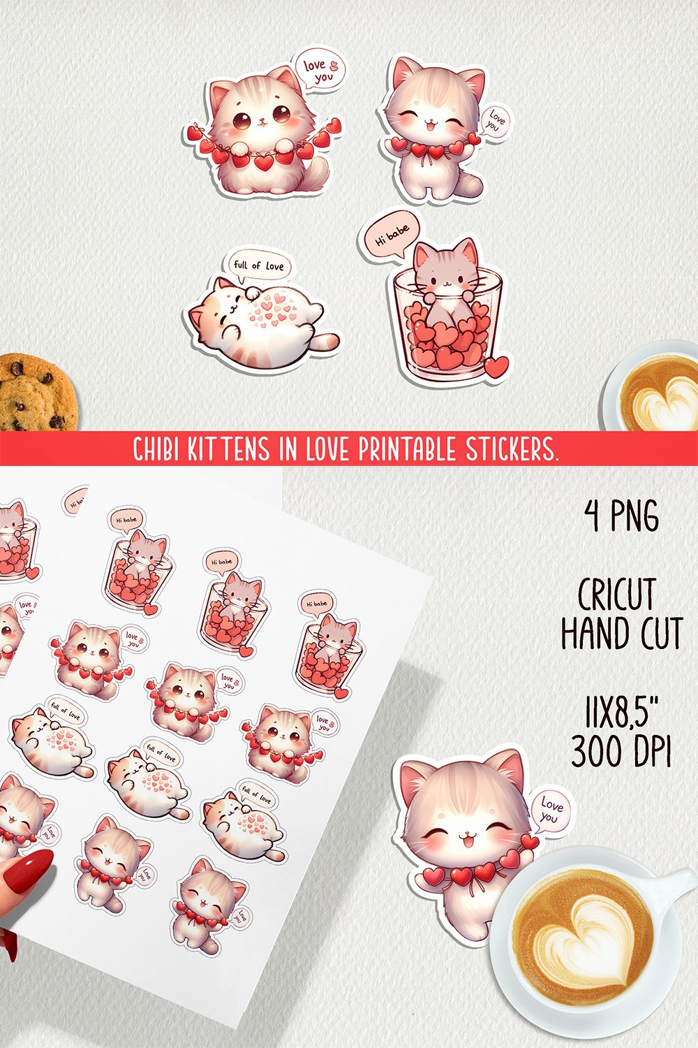 Chibi kittens in love printable stickers. JPG, PNG.