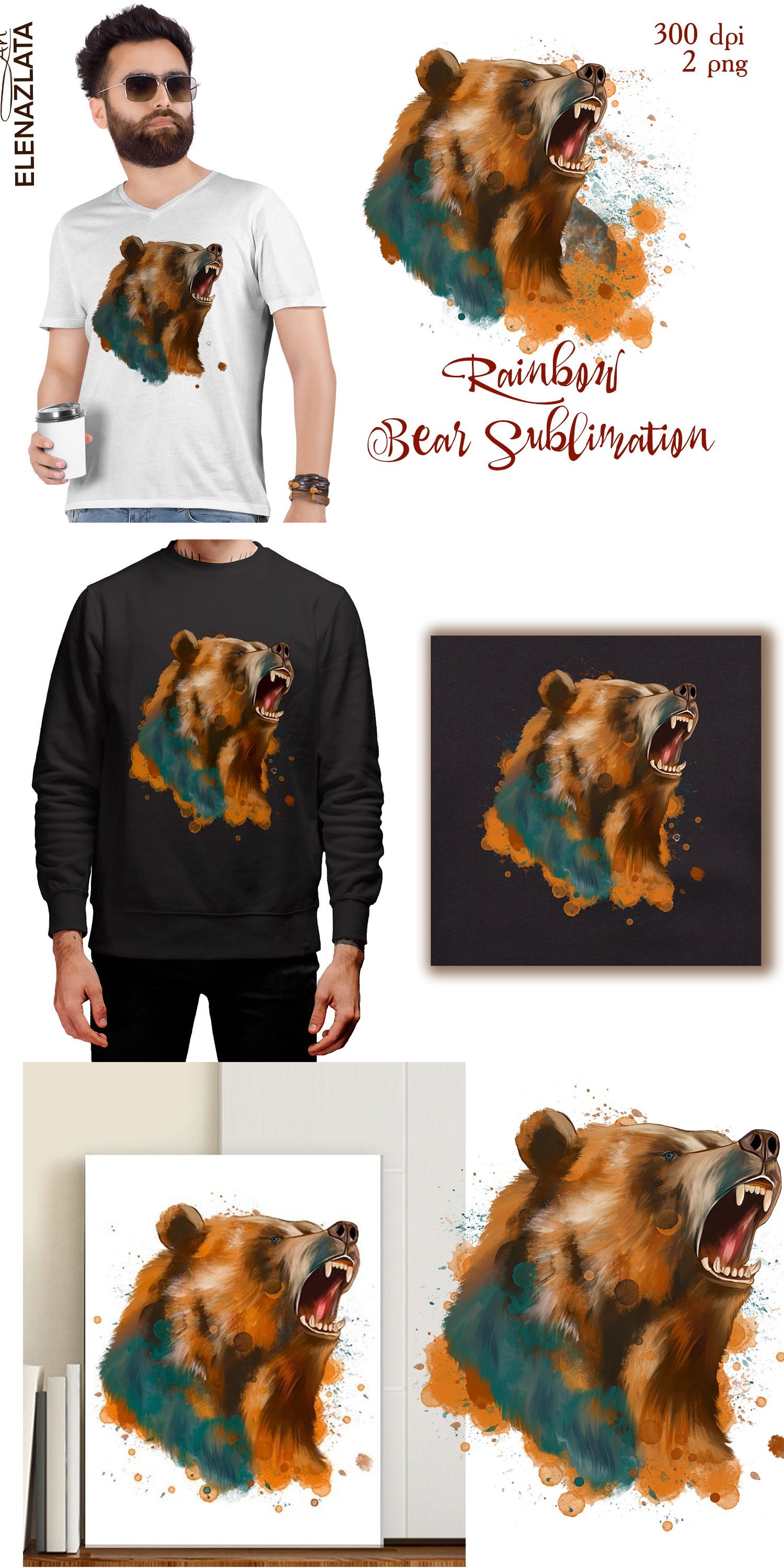 Rainbow Bear Sublimation, Grizly Bear PNG design (2408195)