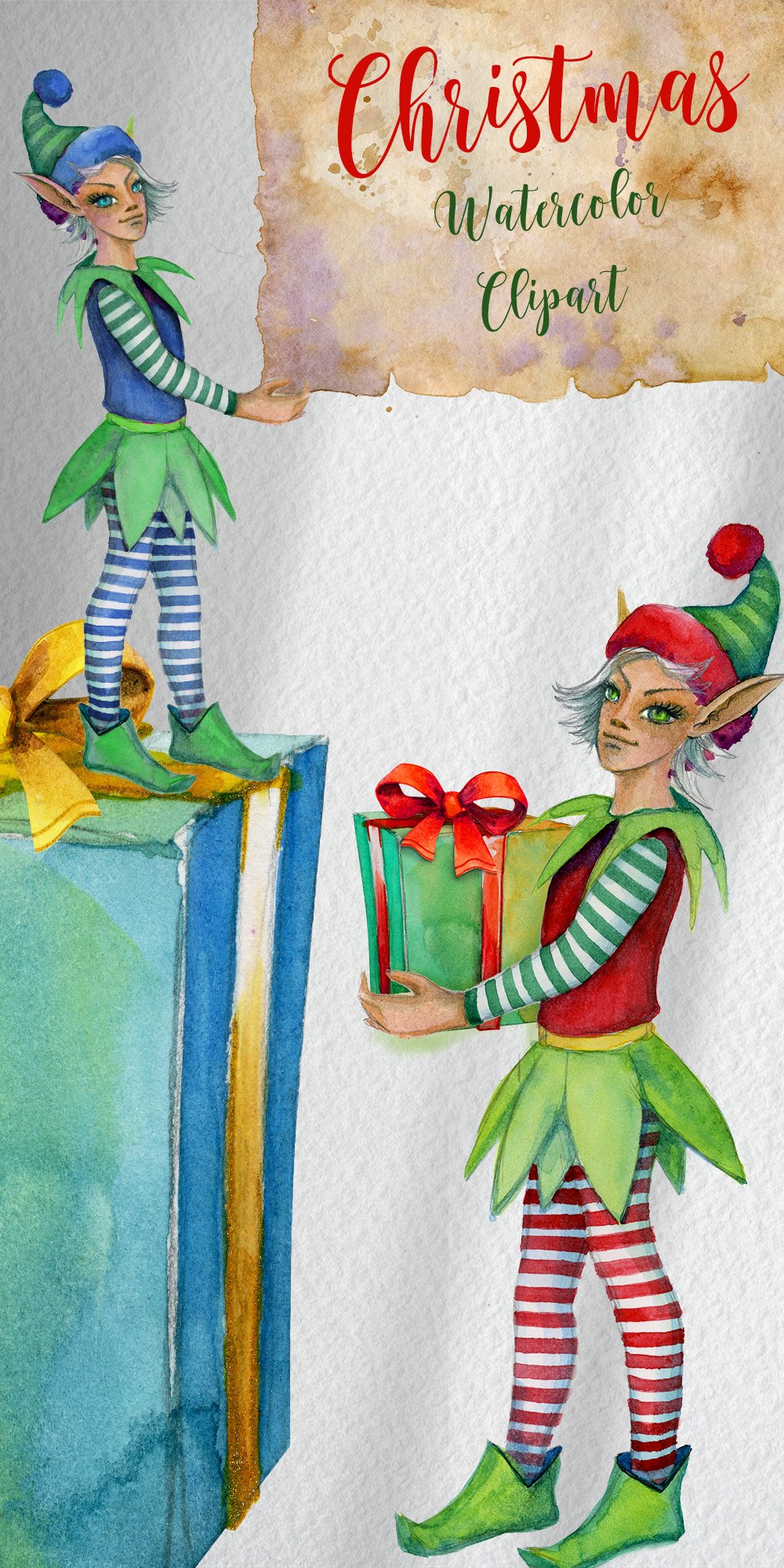 Santa's Helpers. Christmas clipart with watercolor elf