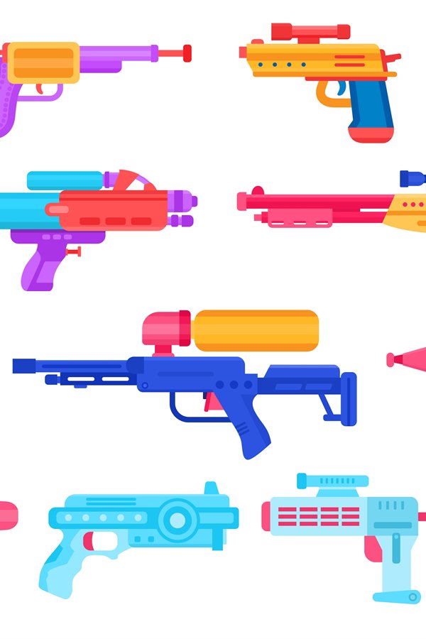 Cartoon kids toy weapons, water guns, pistols and blasters.