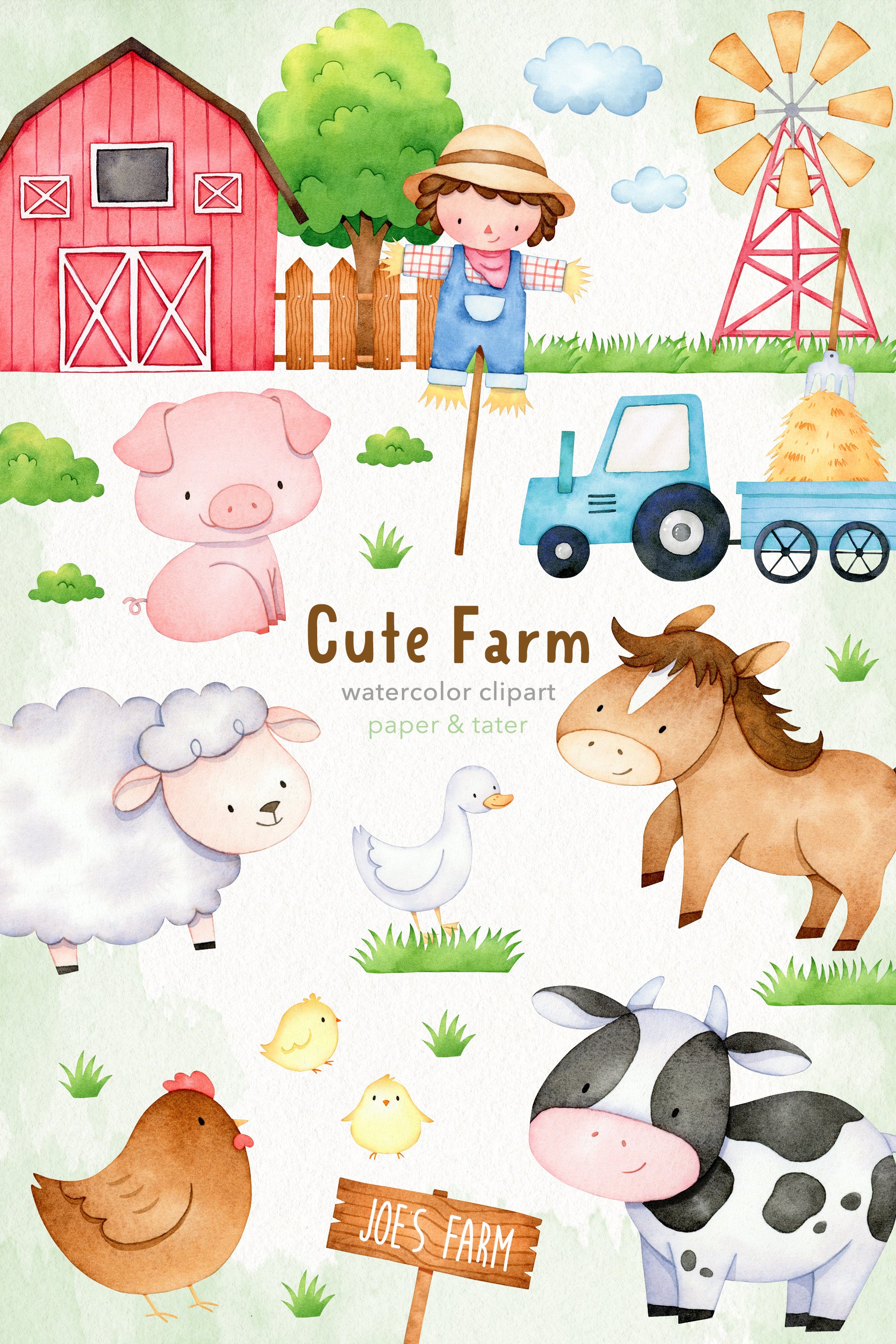 Watercolor Cute Farm Animals Clipart, Farm Baby Nursery PNG
