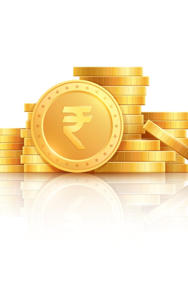 Gold rupee coins. Indian money, stacked golden coins. Rupee