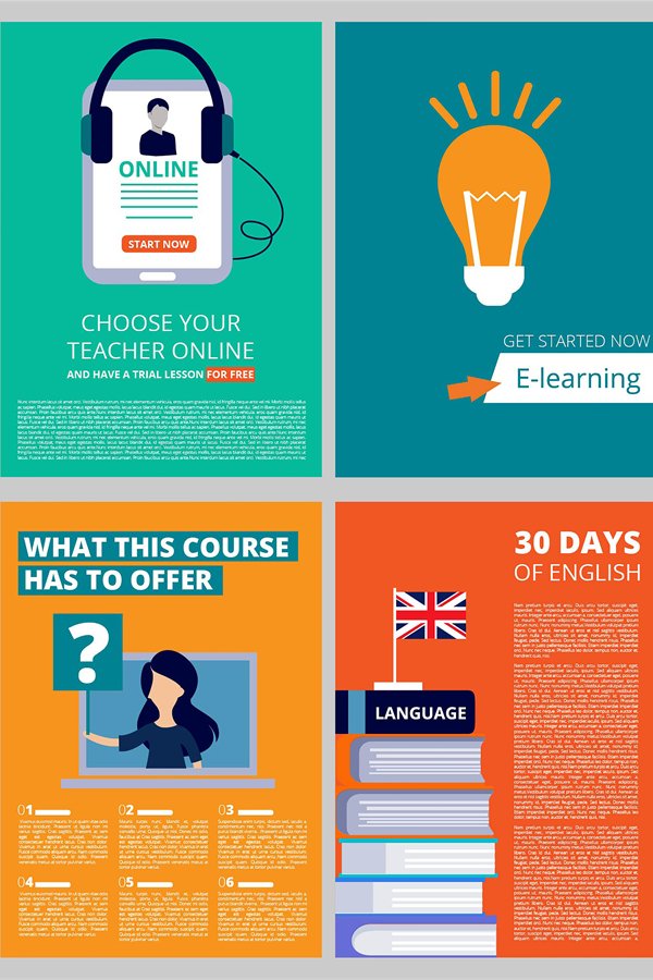 Education brochure covers. Training and courses vector magaz