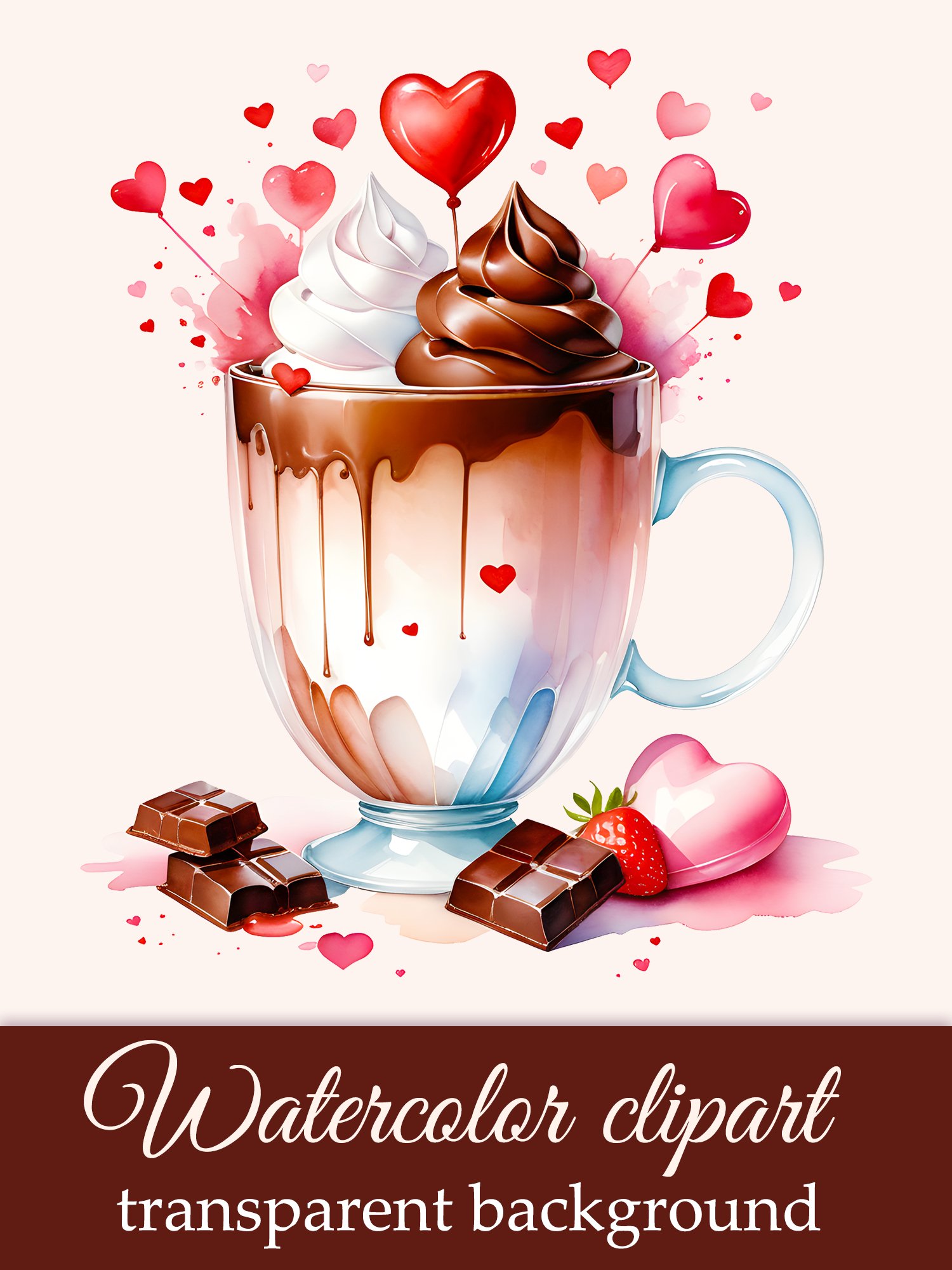 Watercolor coffee cup with hearts and chocolate, clipart Png