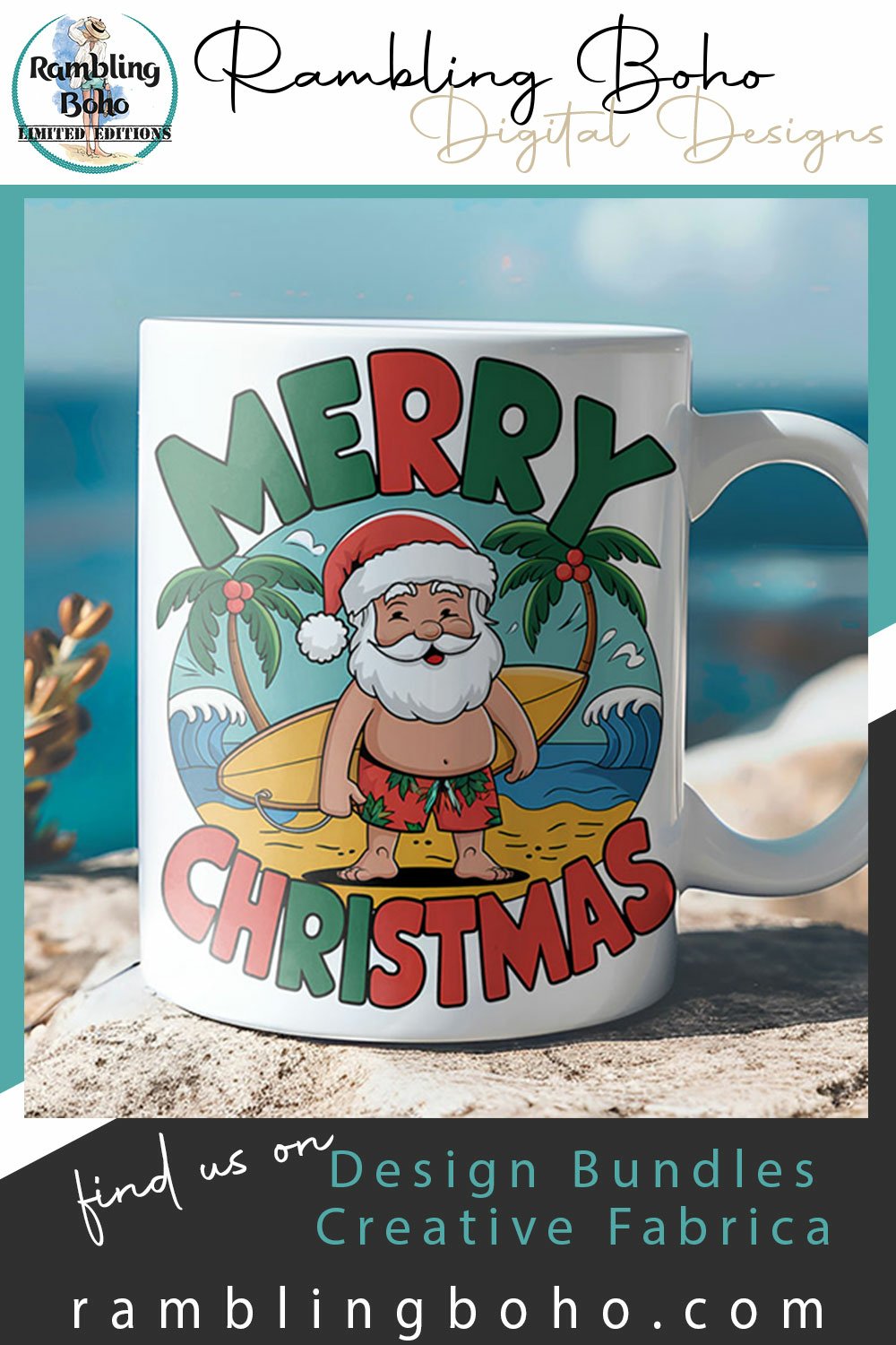 Merry Christmas Beach Santa & Surfboard