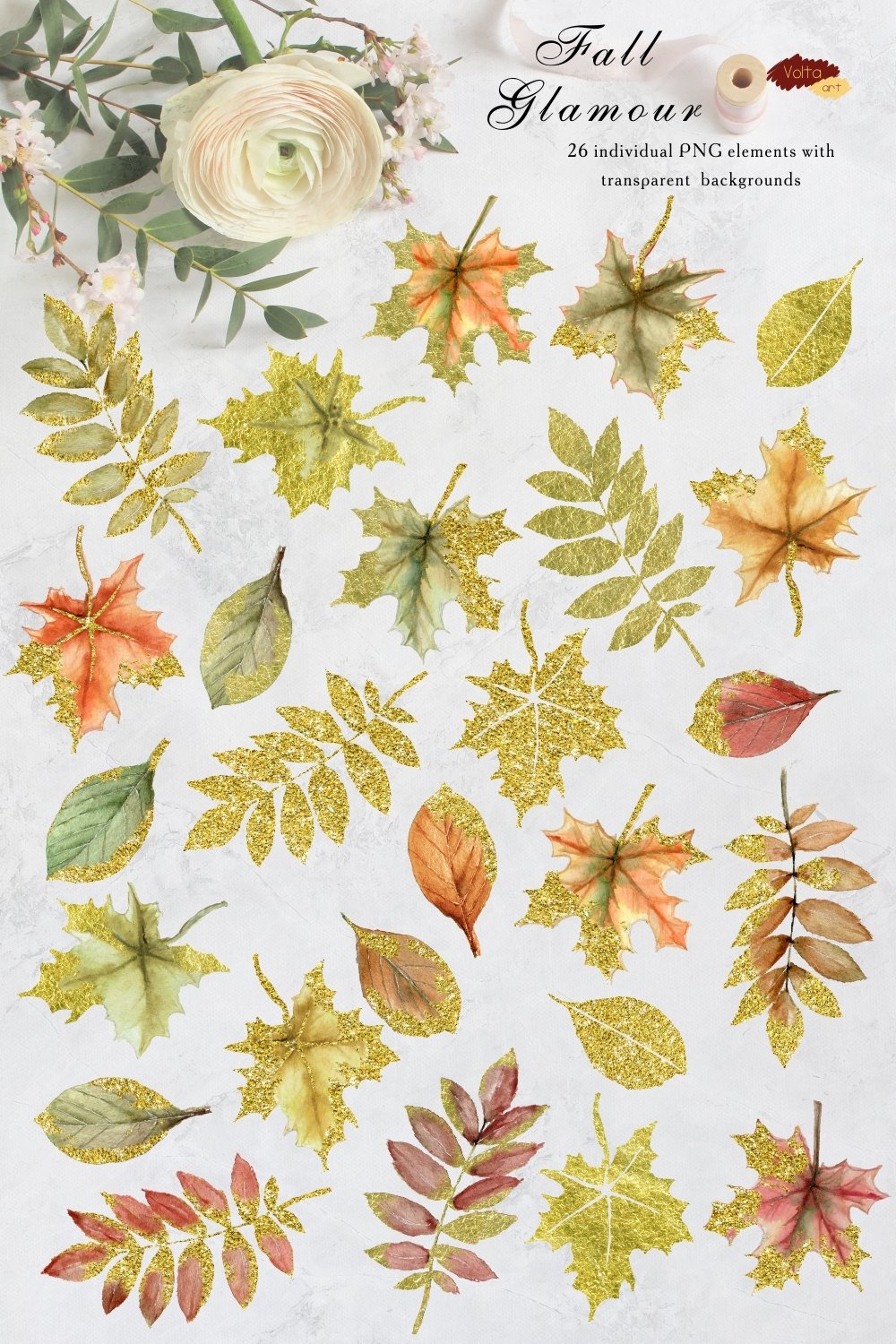 Gold glitter leaves, Watercolor Fall leaves, Glamour clipart