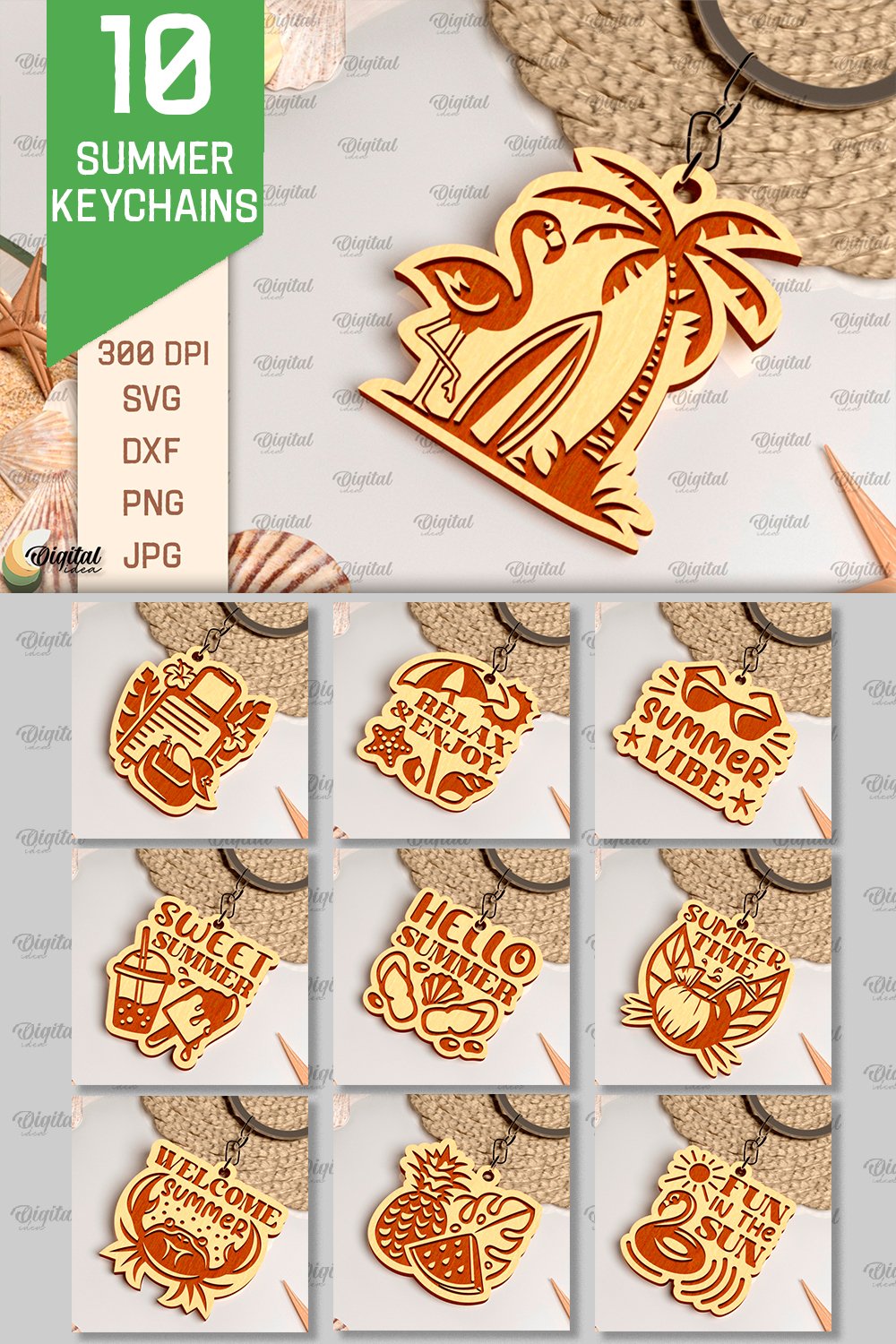 Summer Keychains LaserCut Bundle. Wooden Summer KeyRings SVG
