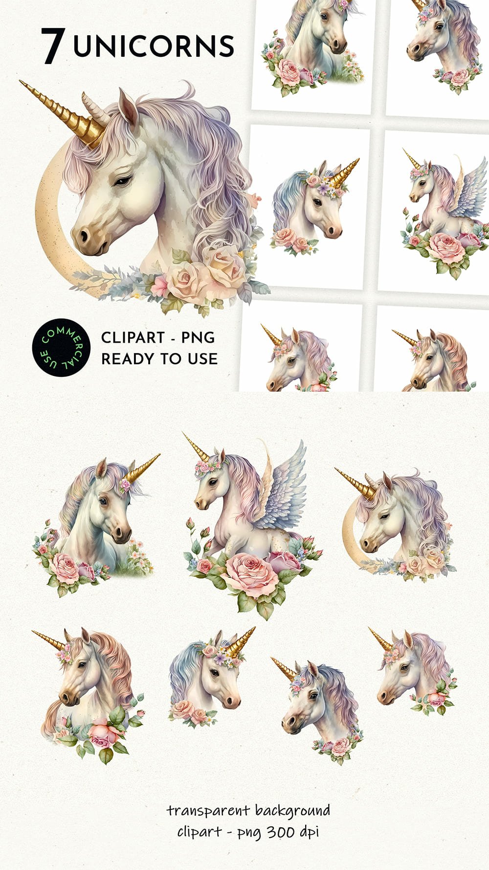 Watercolor unicorn sublimation bundle, Cute floral unicorn