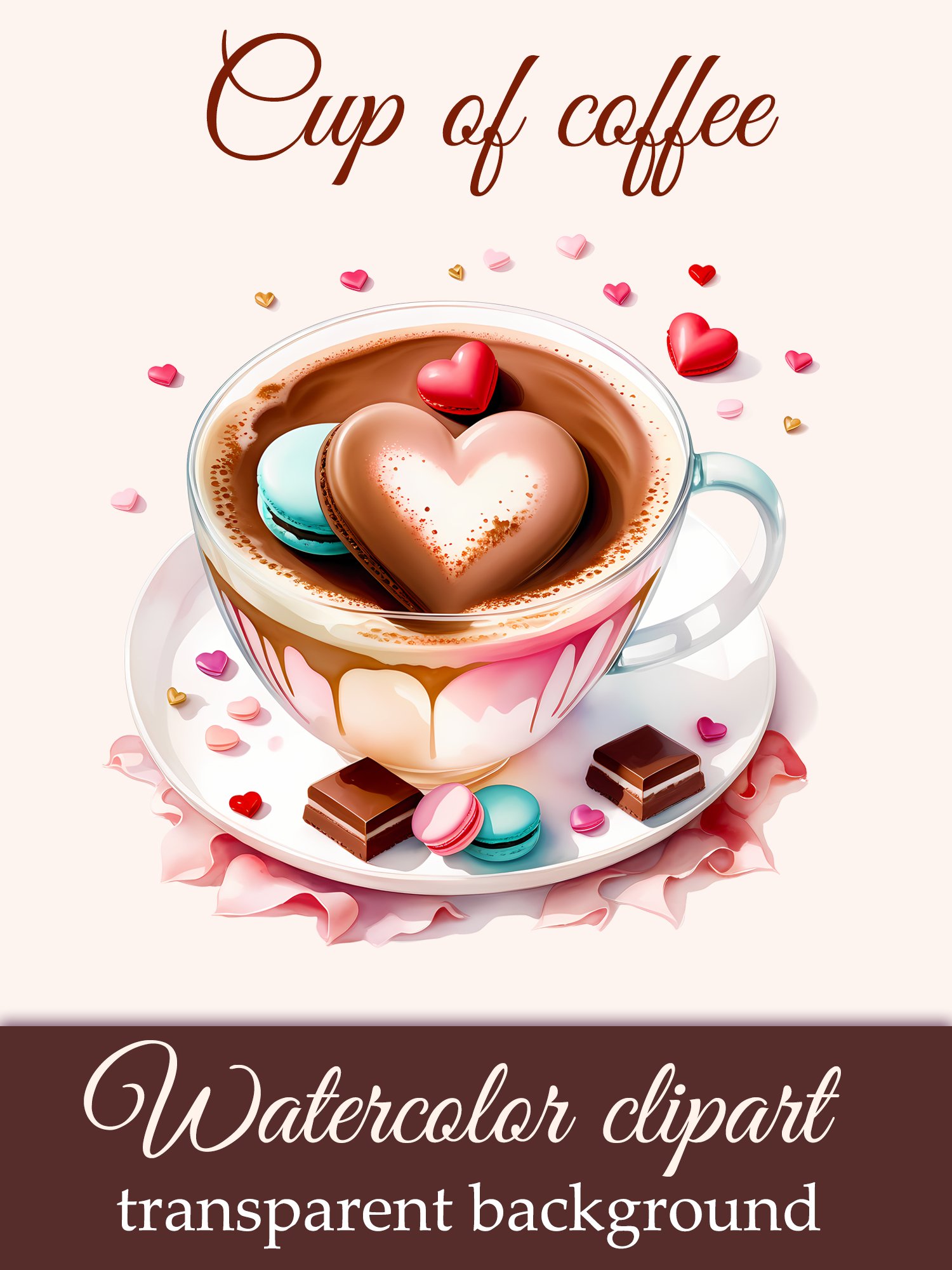 Watercolor coffee cup with hearts and chocolate, clipart Png