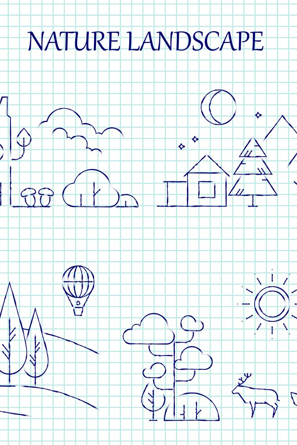 Hand drawn nature landscape line set