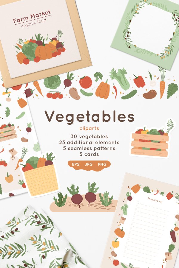 Vegetables clipart set and patterns. Farm fresh food.