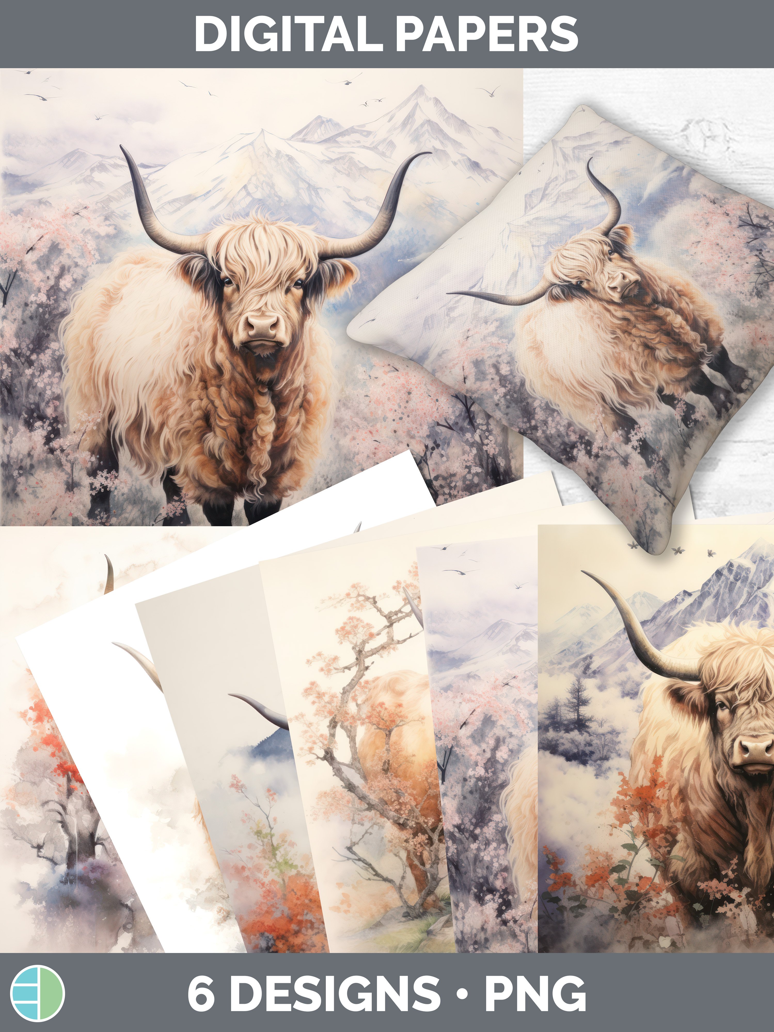 Japanese Watercolor Highland Cow Paper Backgrounds | Digital