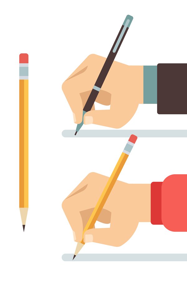Cartoon writing hands with pen and pencil flat vector illust