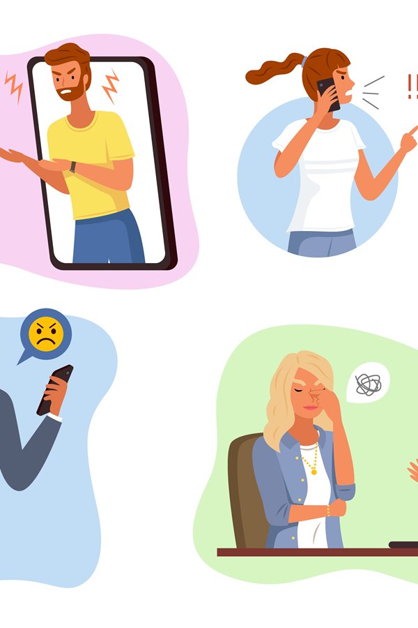 Aggressive messages. Online bullying scenes, angry people ne