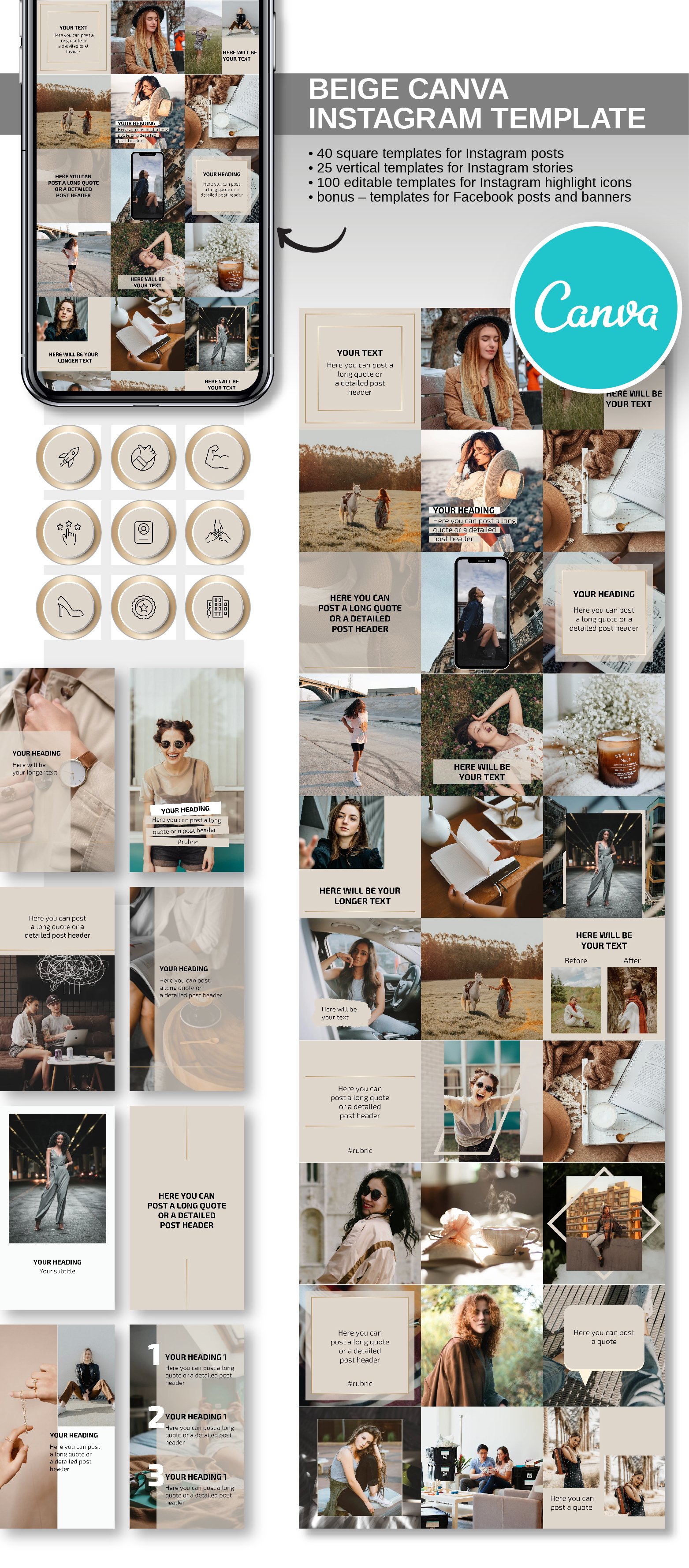 Beige CANVA Template for Instagram highlights icons, stories