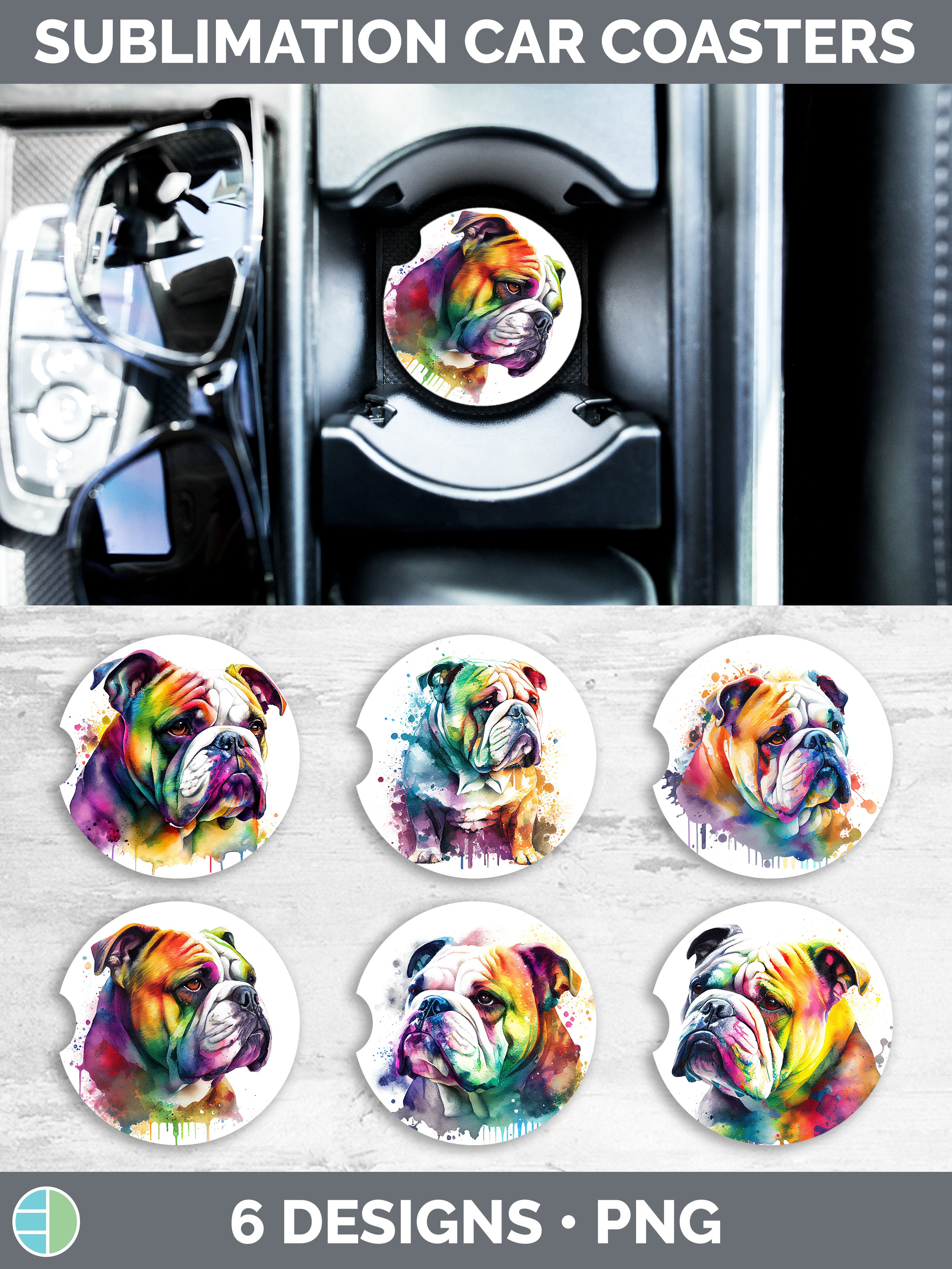 Rainbow Bulldog Car Coaster | Sublimation Coaster Designs Bu