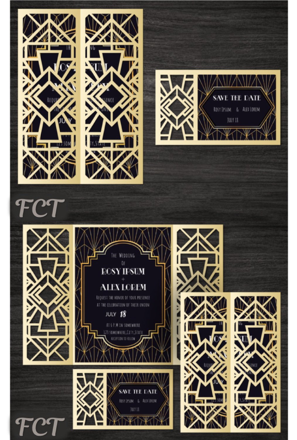 Wedding Gate Fold Invitation, Art Deco set SVG, RSVP card