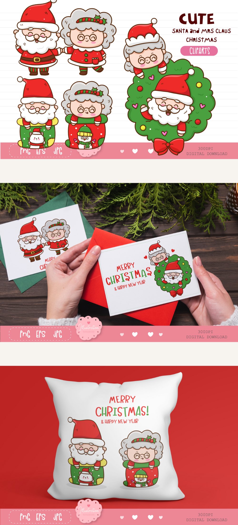 Santa, kawaii Christmas, happy new year clipart