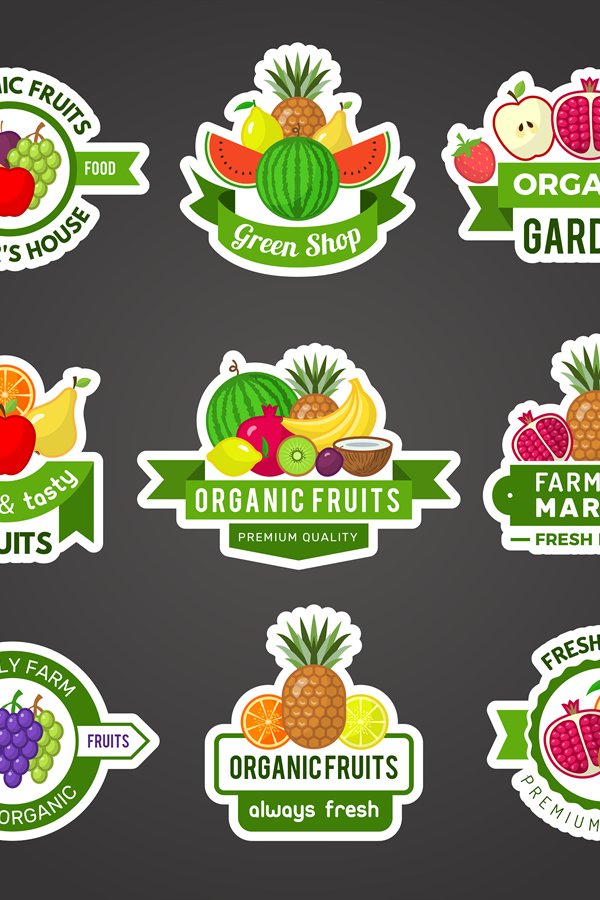 Fruit badges. Natural fresh product logo healthy vitamin foo