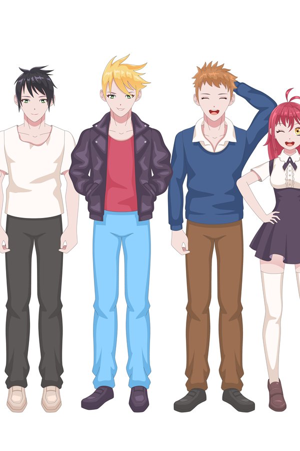 Group anime characters. Manga girls and boys, kawaii asian t