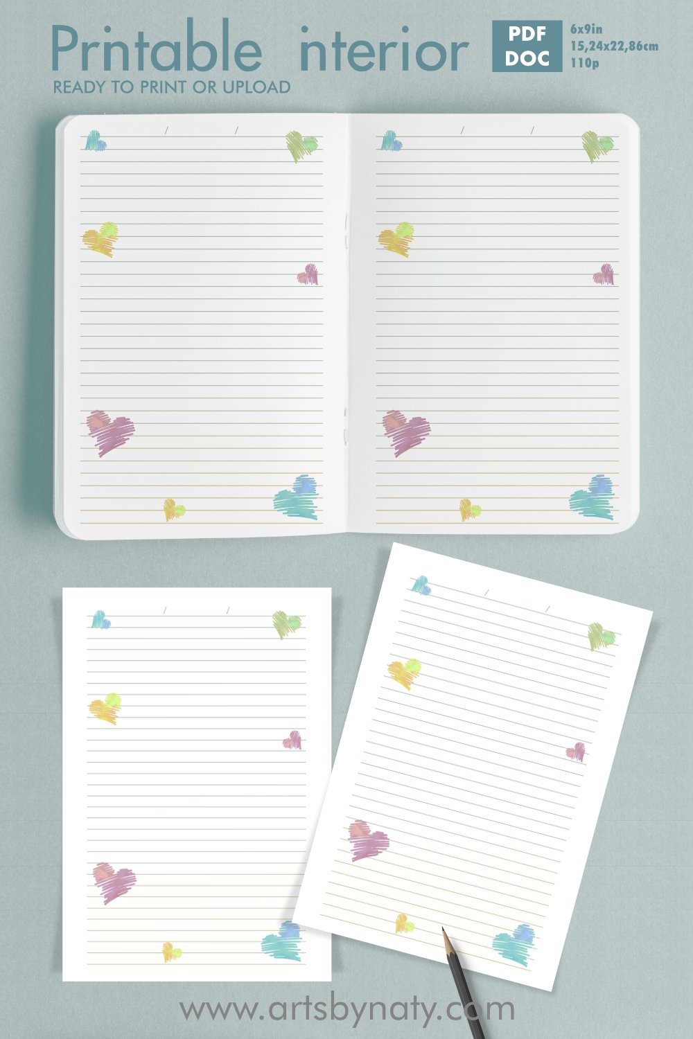 Hearts printable notebook KDP interior.