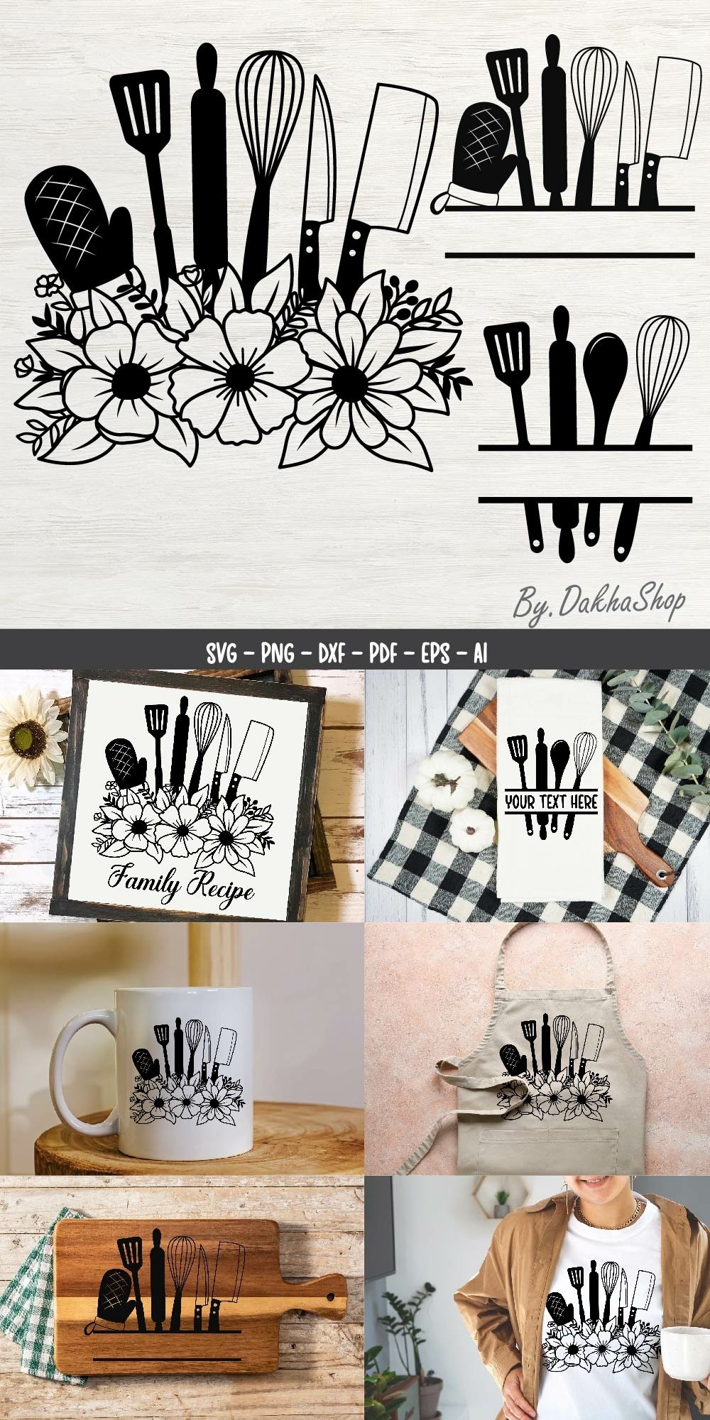 Kitchen With Flower Svg, Kitchen Svg Bundle, Split Monogram.