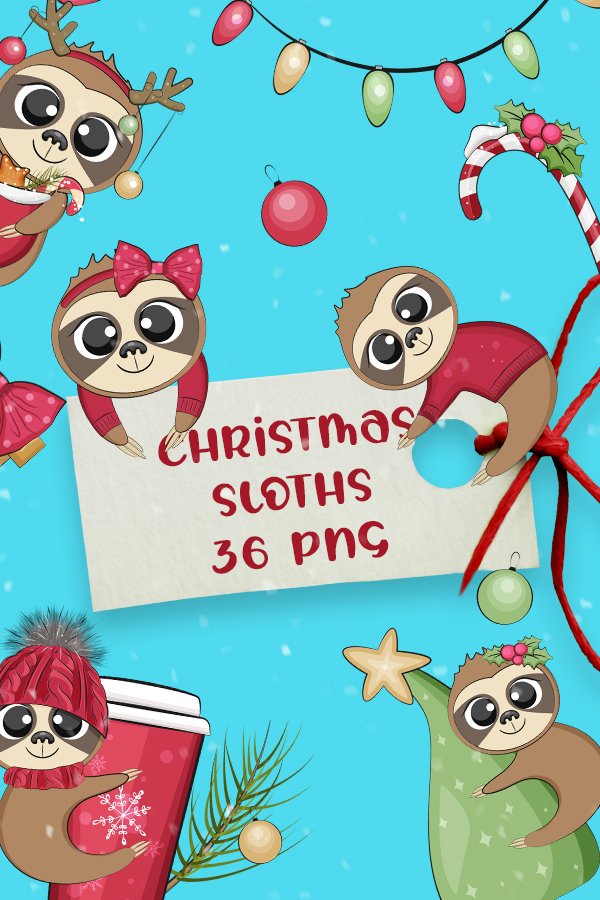 Cute christmas sloths clipart. PNG. (1601258)