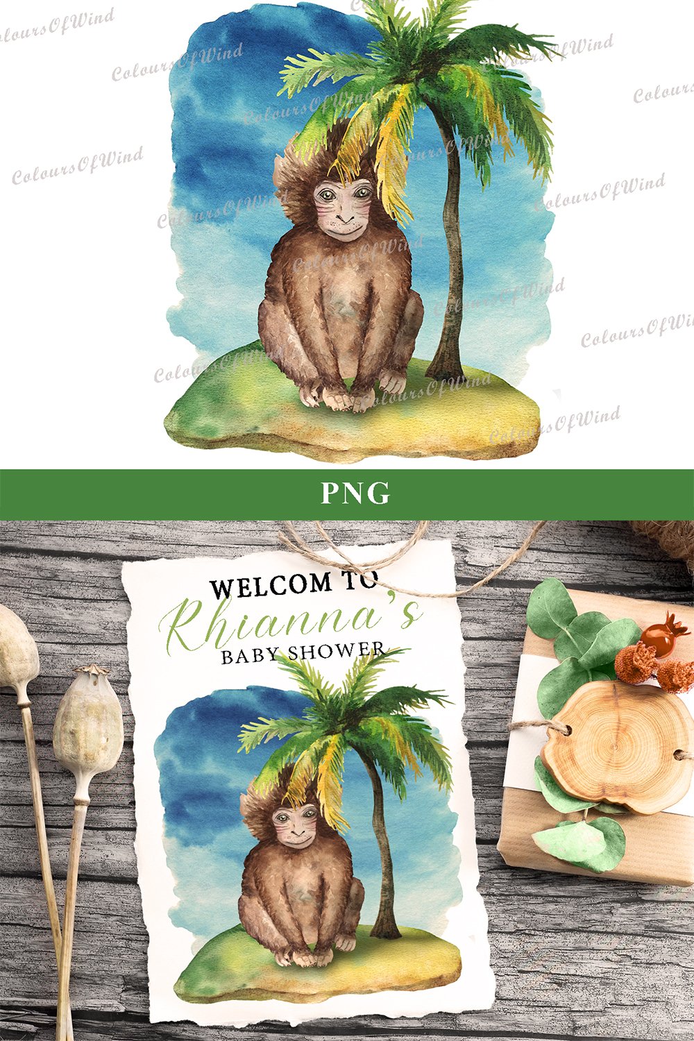 Watercolor Baby Monkey Sublimation| Jungle Animals Print PNG