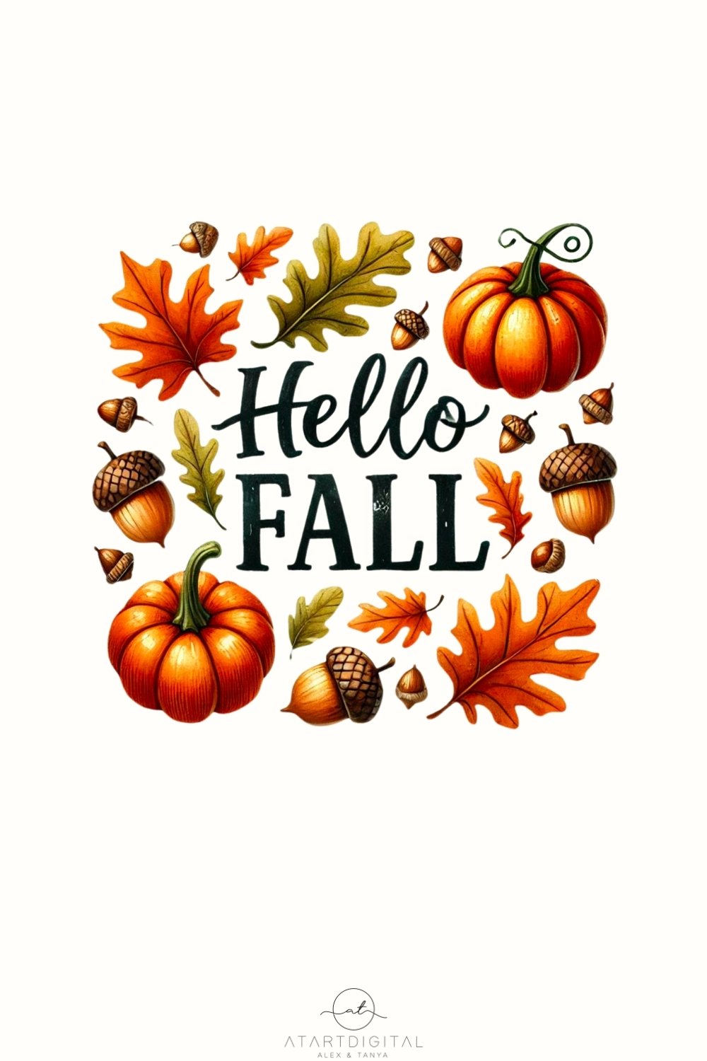 Hello Fall PNG, Cute Pumpkin and Leaves Digital Print