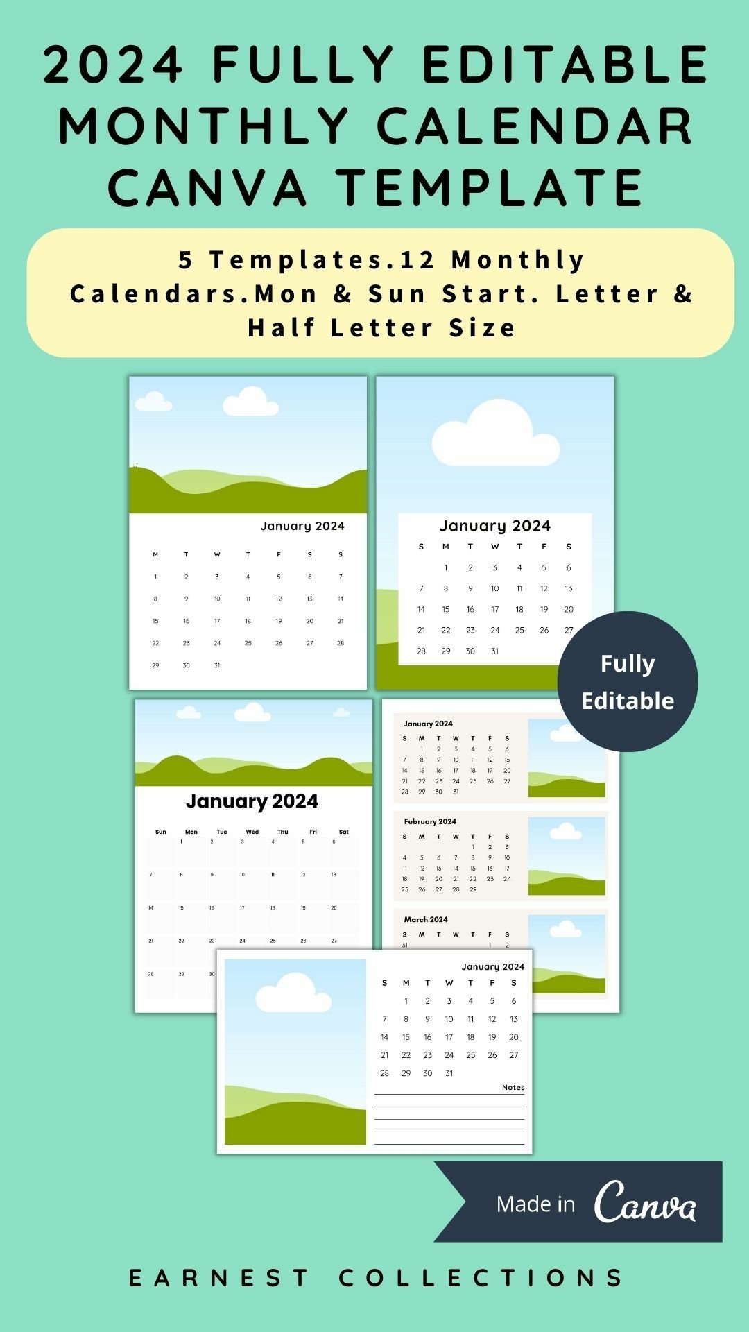 2024 Fully Editable Monthly Calendar Canva Template Bundle