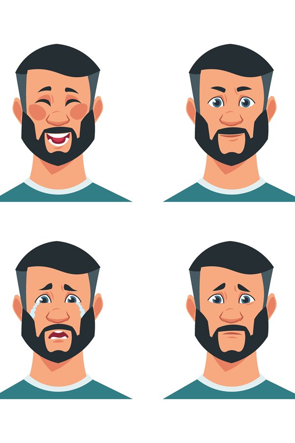 Man expressions. Cartoon character with happy surprised angr
