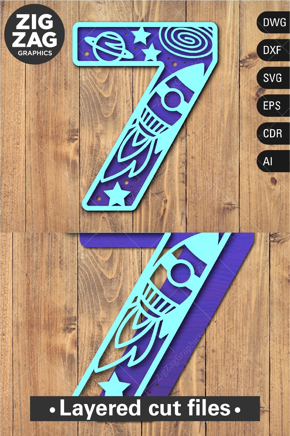 layered kids number 7 with space rocket astronaut and stars