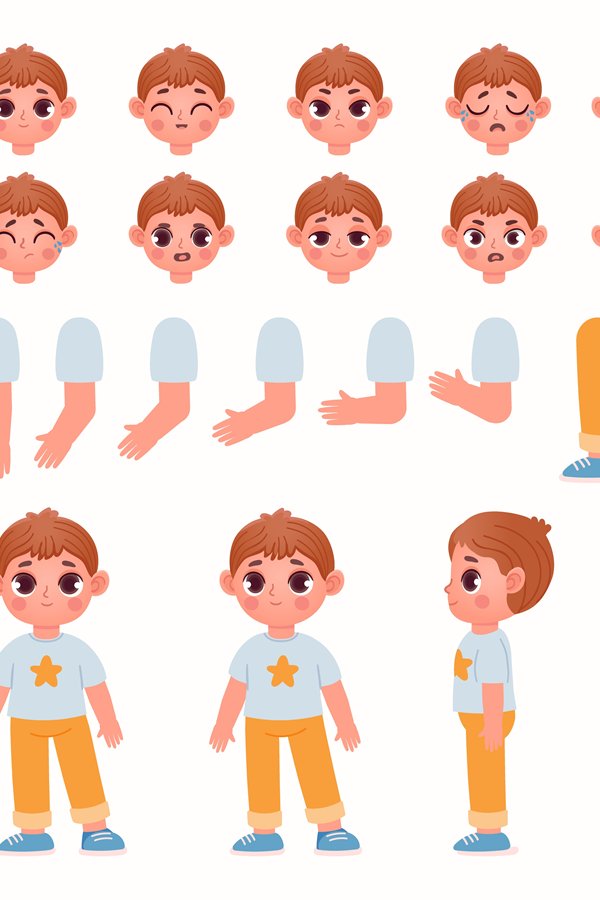 Cartoon boy character constructor with body parts and face e
