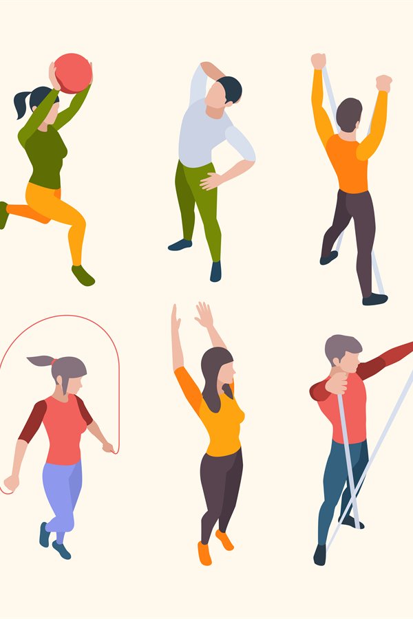 Home fitness characters. People sport gym exercises with onl