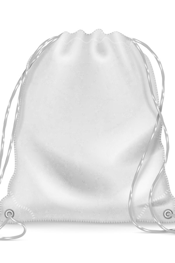 White sports backpack, backpacker cloth bag with drawstrings