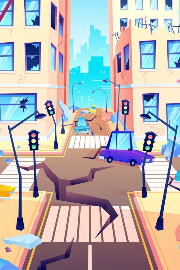 Damaged city street. Earthquake damage, cataclysm damages ro