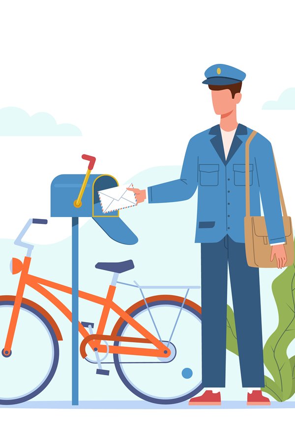 Postman deliver mail. Mailman in blue uniform and bicycle wi