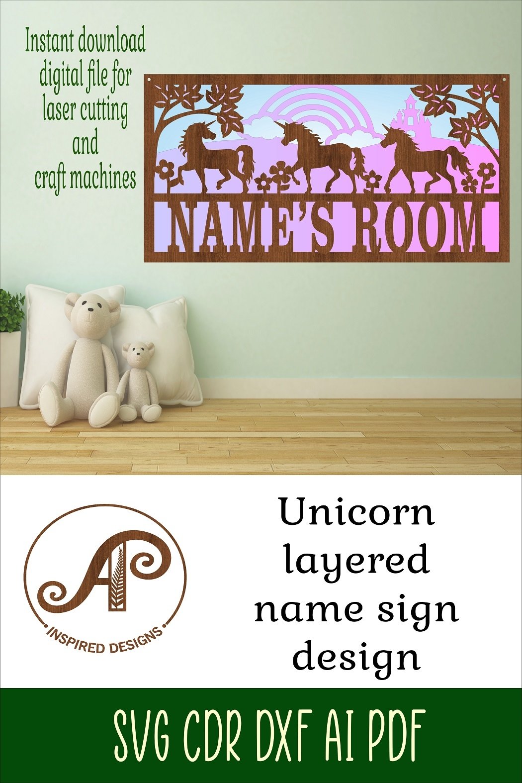Unicorn scene name sign SVG 3 layer laser cut template