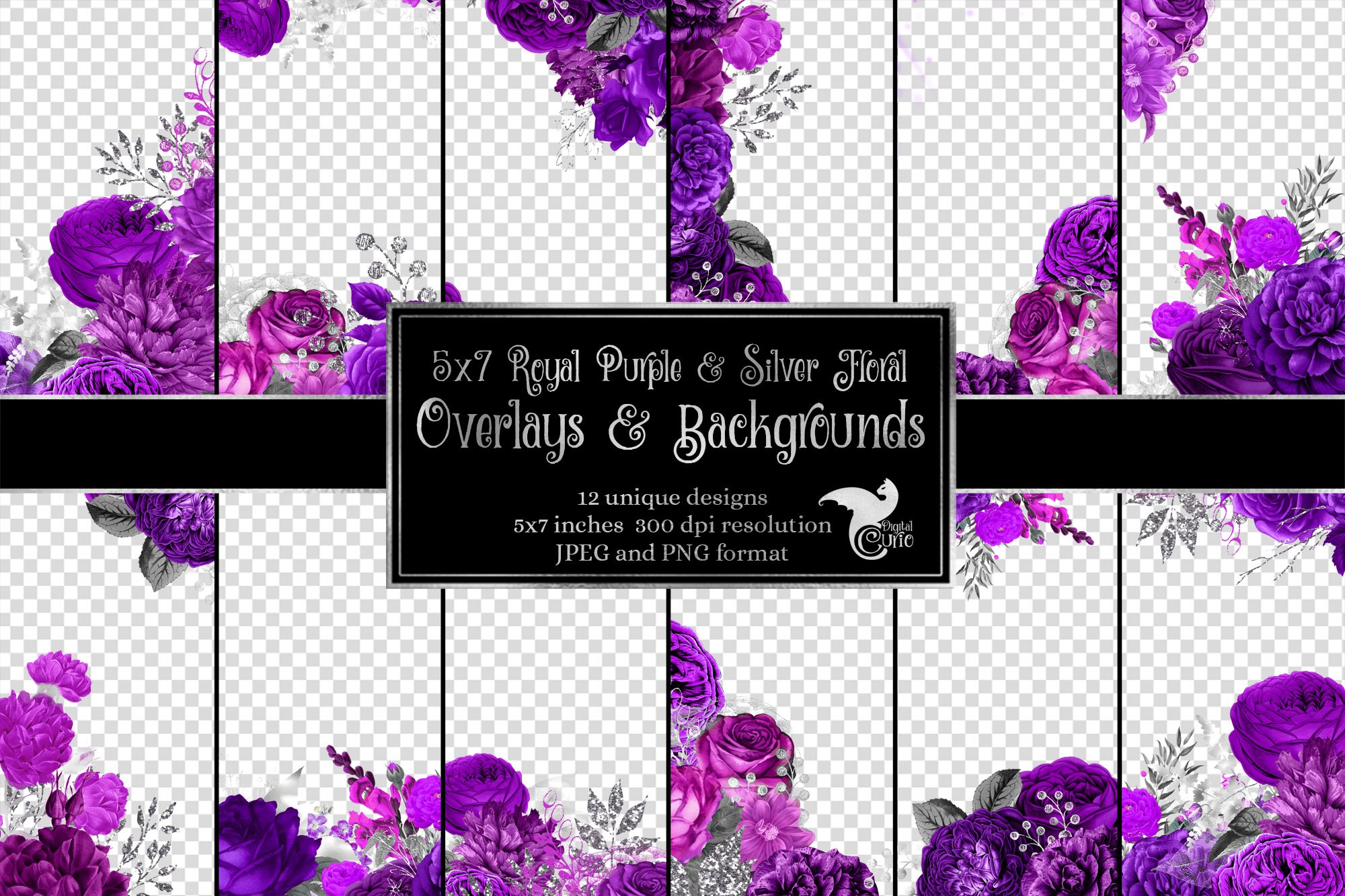 5x7 Royal Purple and Silver Floral Overlays