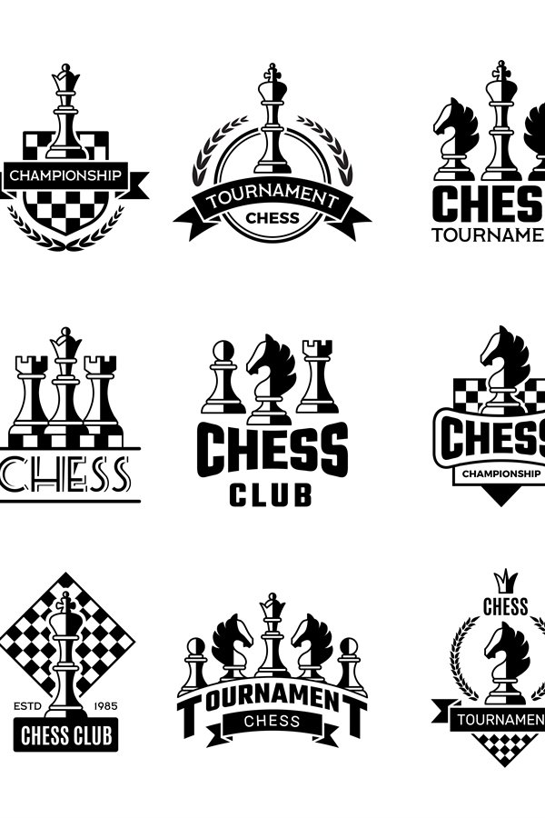 Chess labels. Sport stylized silhouettes of chess figures kn