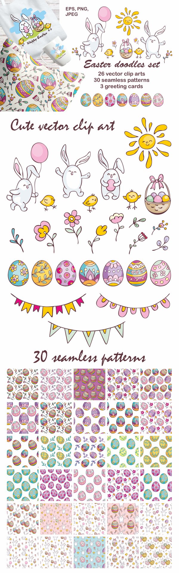 Easter doodles set. Vector clip arts and seamless patterns.