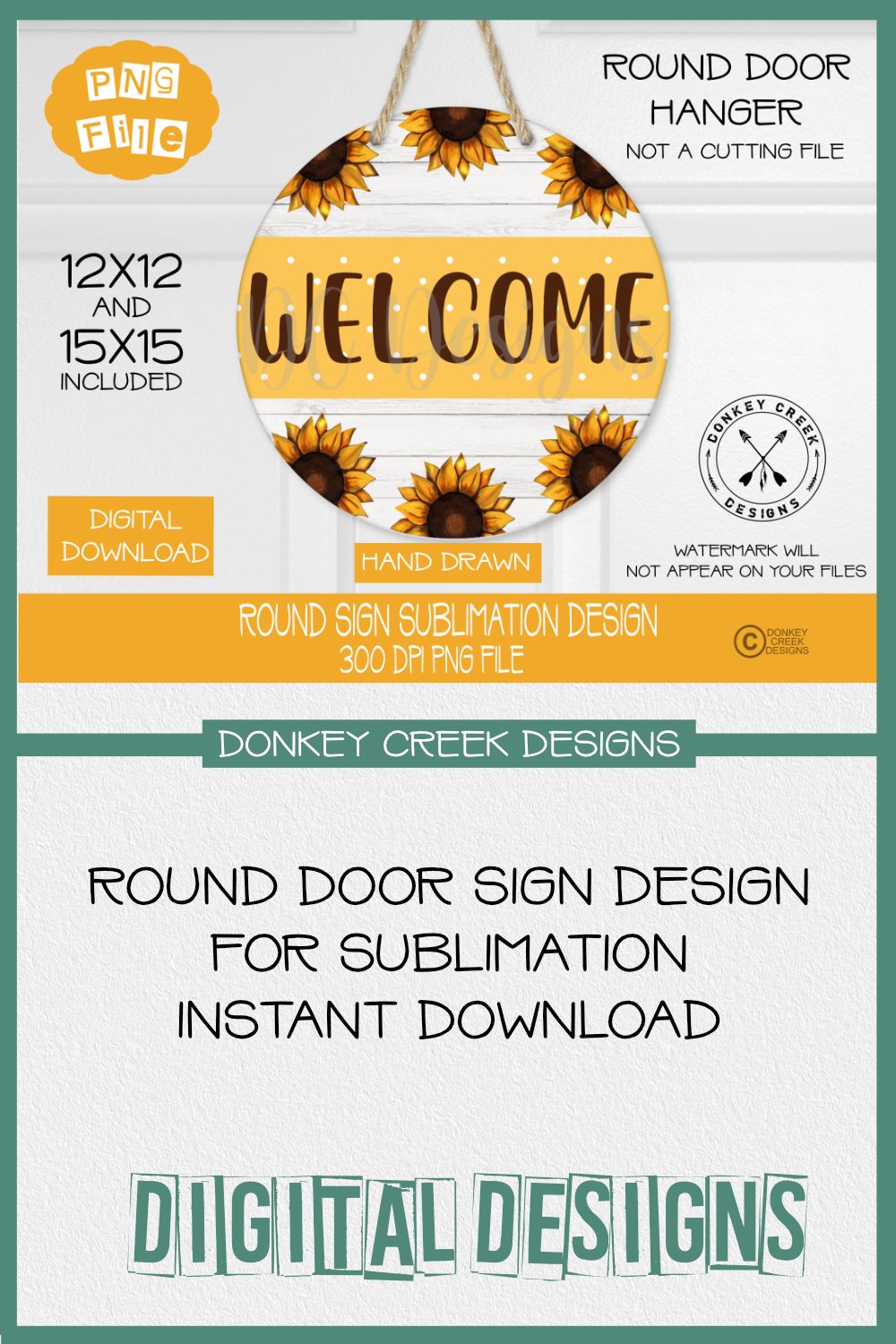Sunflower Sublimation Design|Welcome Sign|Round Door Hanger