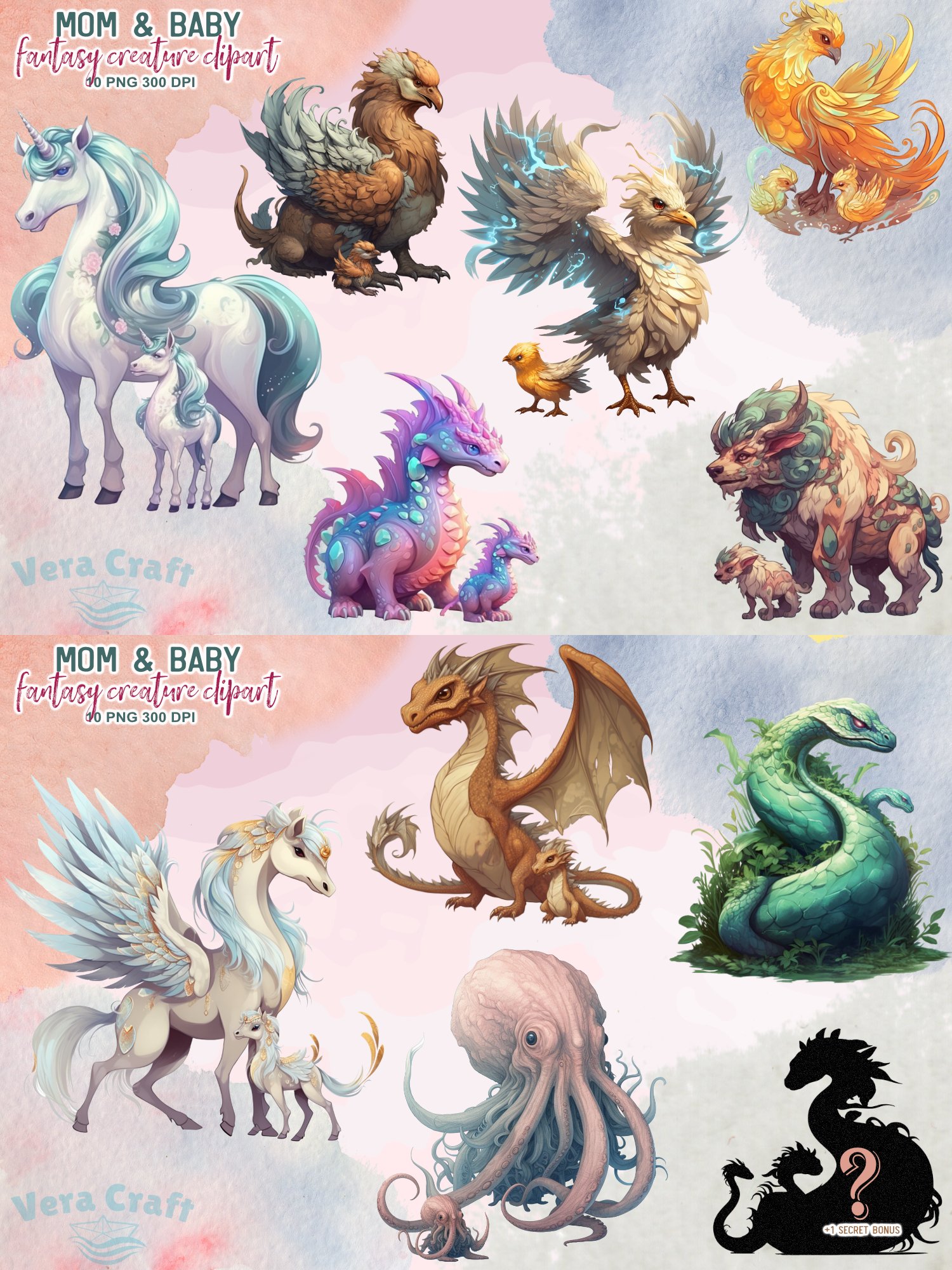 Mom&Baby Fantasy Creature Watercolor Clipart - 10 Variations