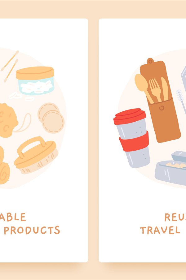 Reusable products. Zero waste durable items for kitchen, bat