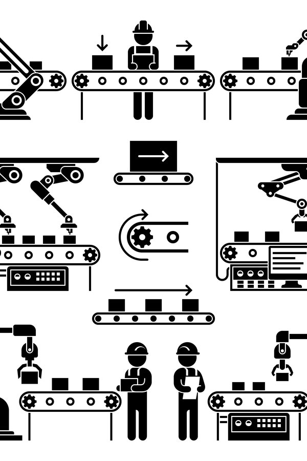 Conveyor production manufacturing line and workers vector ic