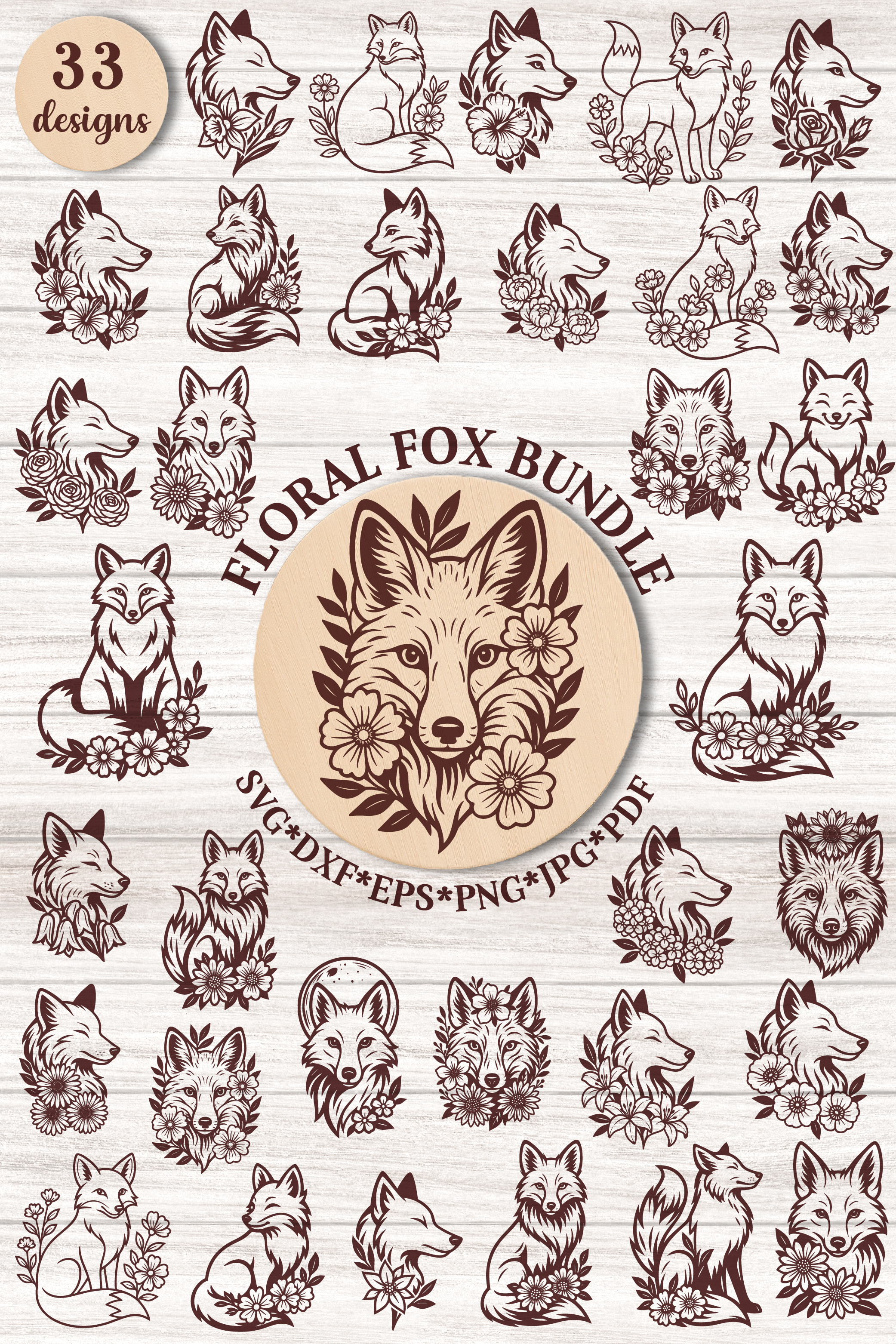 Floral Fox SVG Bundle | 33 Flower Monoline Fox Cut (6361929)