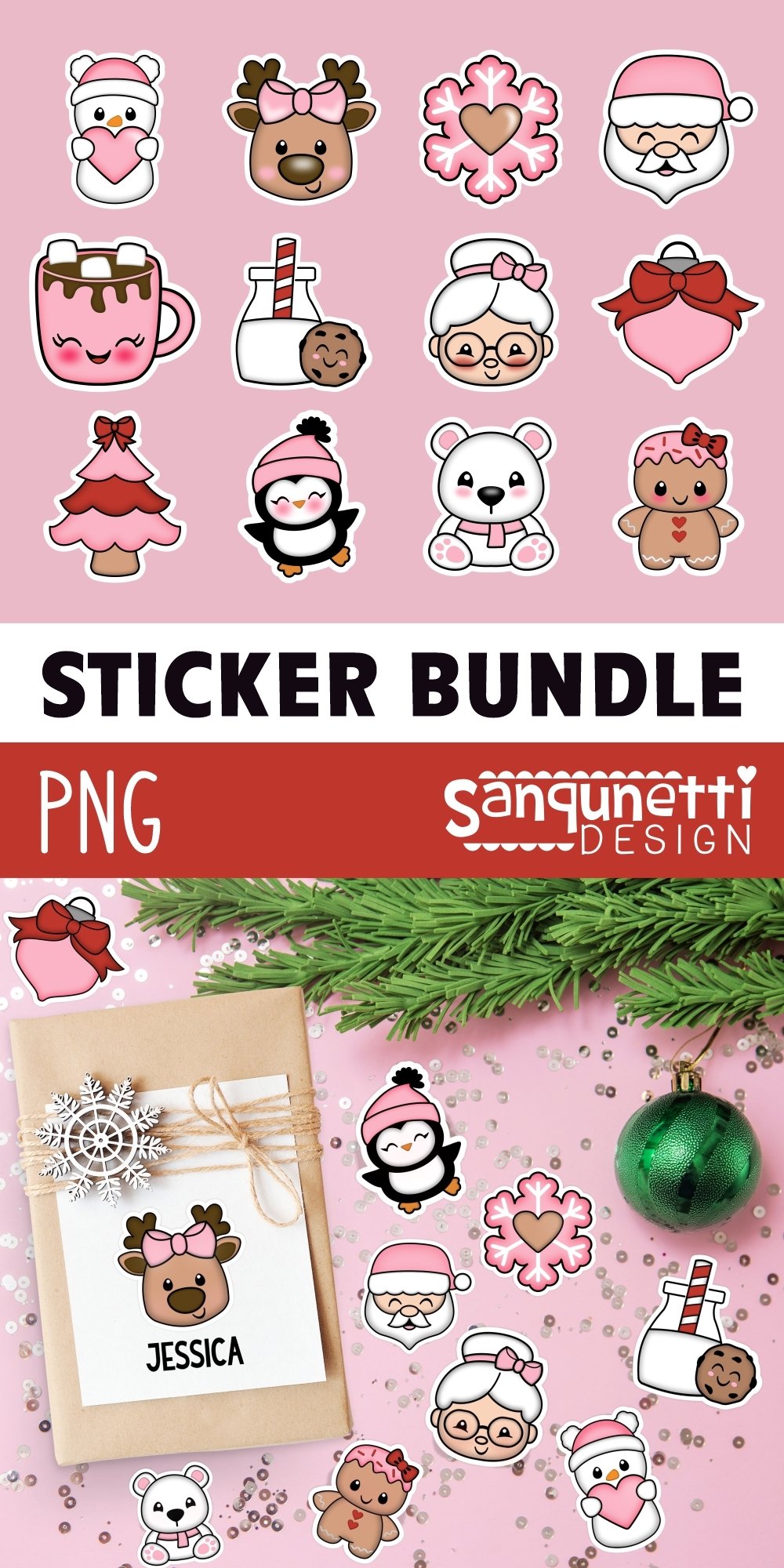 Cute and Adorable Pink PNG Christmas Sticker Bundle
