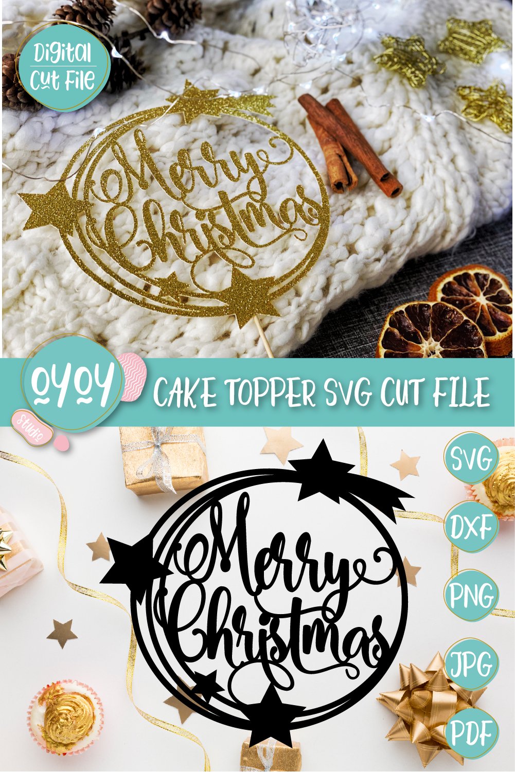 Merry Christmas Cake Topper SVG with Christmas Star