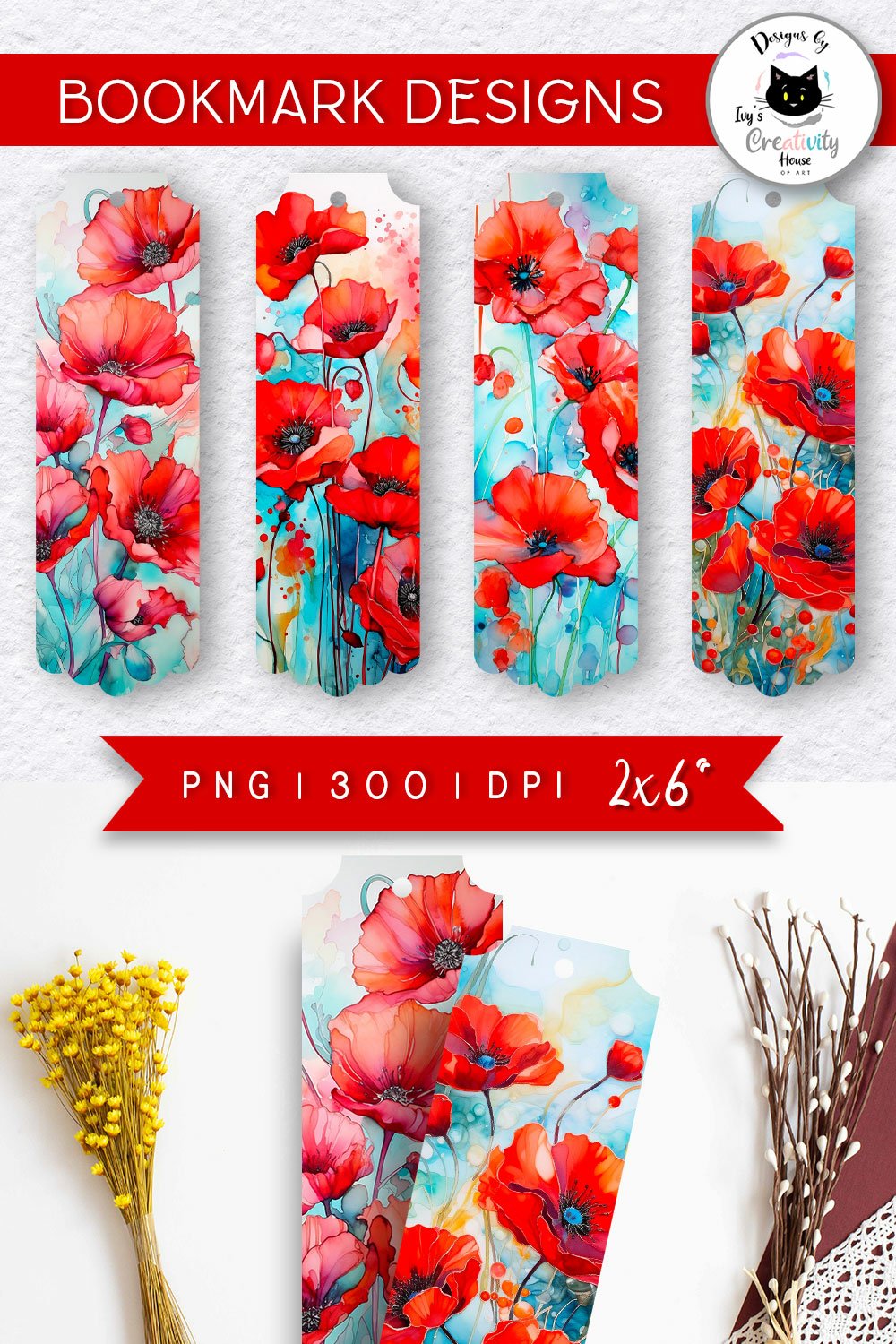 Poppy Flower Bookmarks | Watercolor Floral Bookmark Designs