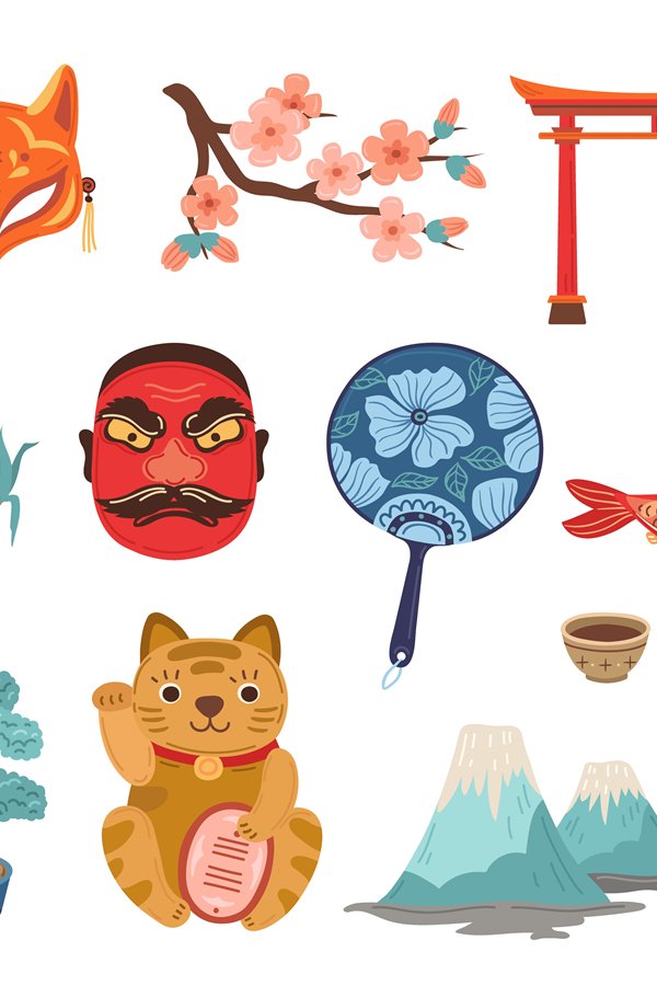 Flat japanese elements. Traveling symbols japan, cute travel